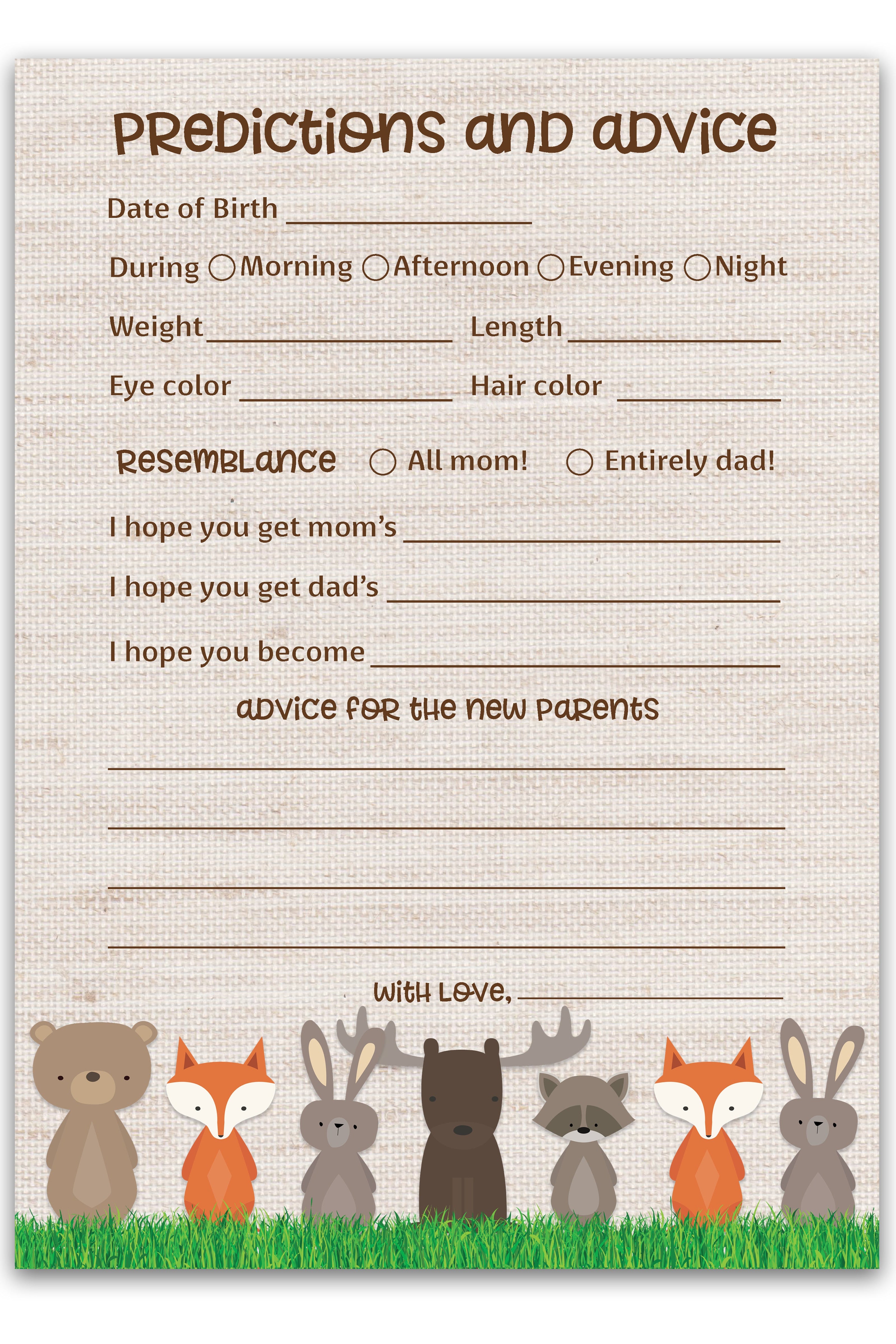 Baby Predictions & Advice Cards – Woodland Animals Theme – Pack of 25 ...