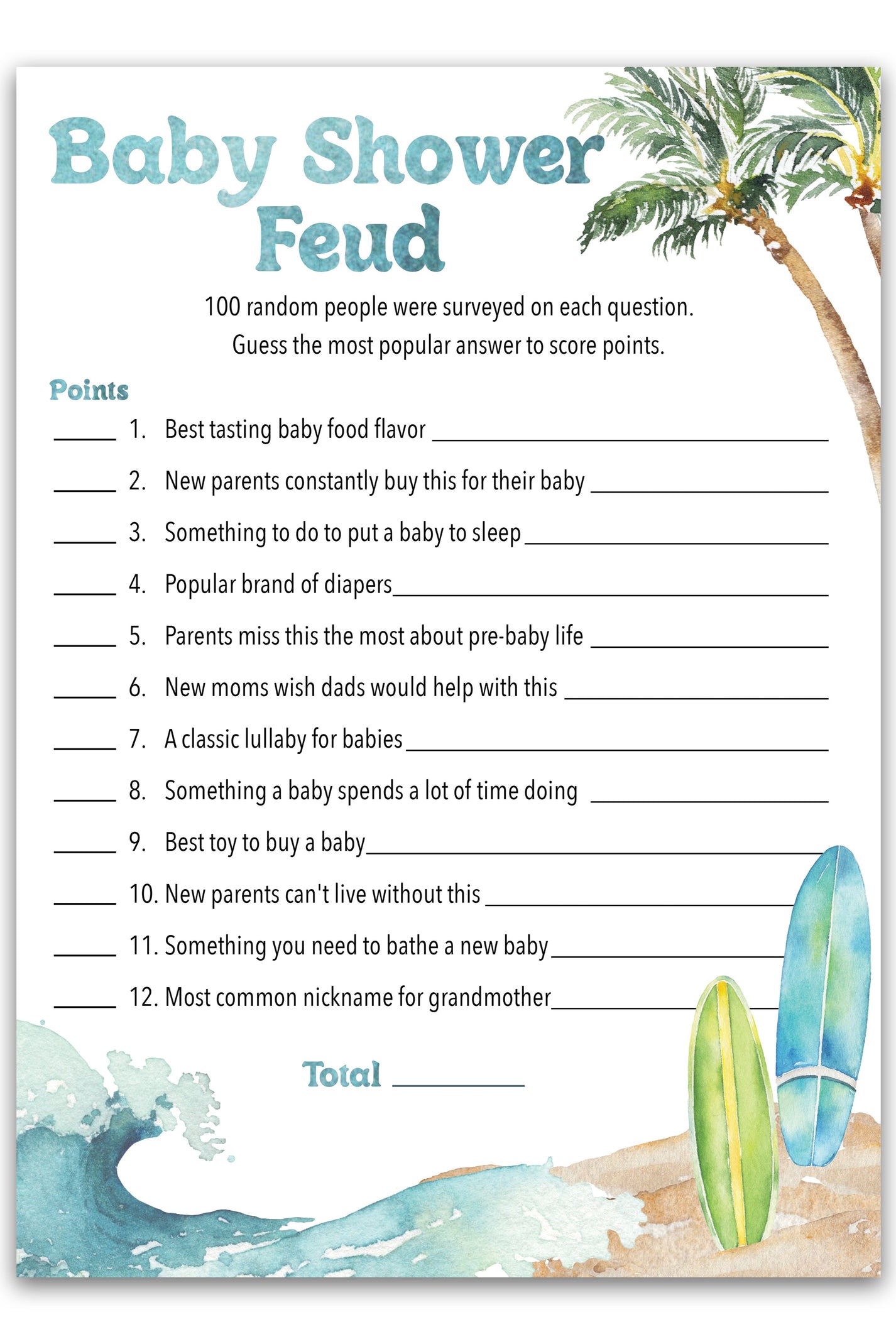 Surf Baby Shower Feud Game – Beach Theme Pack of 25 – Roseum Collections