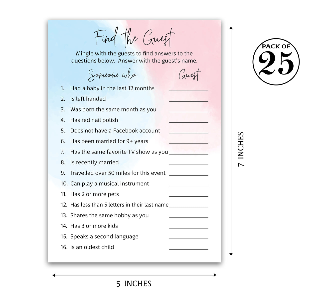 Find the Guest Game – Gender Reveal – Pink or Blue Theme – 25 Pack ...